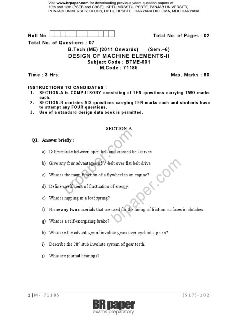 Dme2 Question Paper | PDF | Belt (Mechanical) | Gear