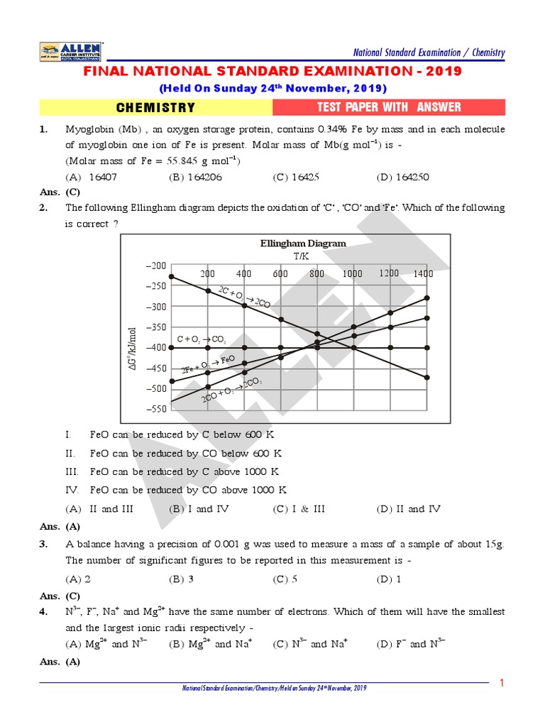 NSE 2019 Chemistry Paper With Answer Rev PDF | PDF | Mole (Unit) | Carbon