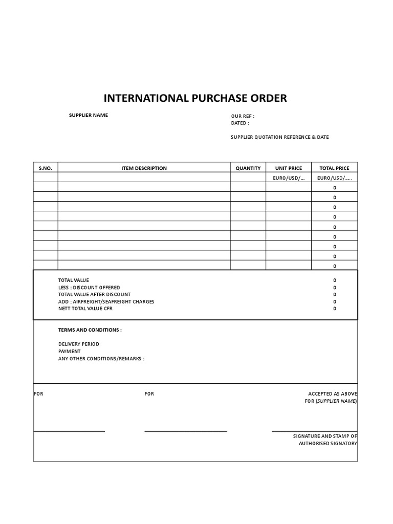 International Purchase Order Format Rev | PDF | Invoice | Business