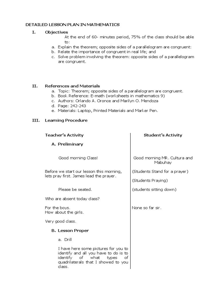 Detailed Lesson Plan in Mathematics Paralellogram Very Final | PDF ...