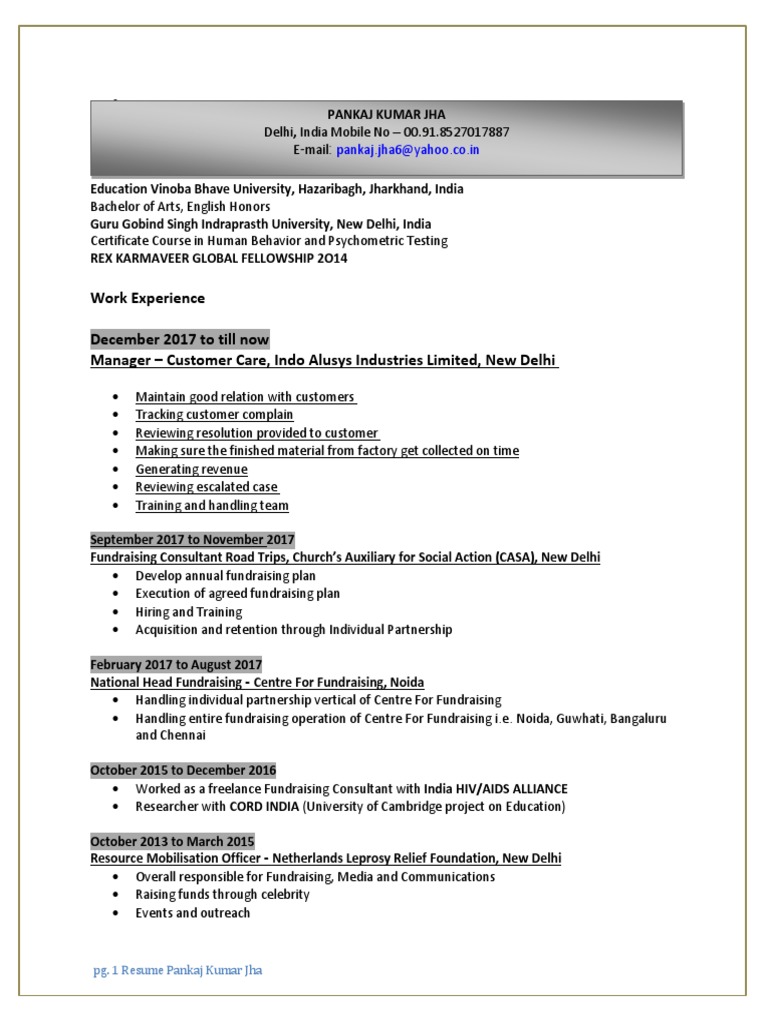 Resume Pankaj Kumar Jha | PDF | Wash | International Development