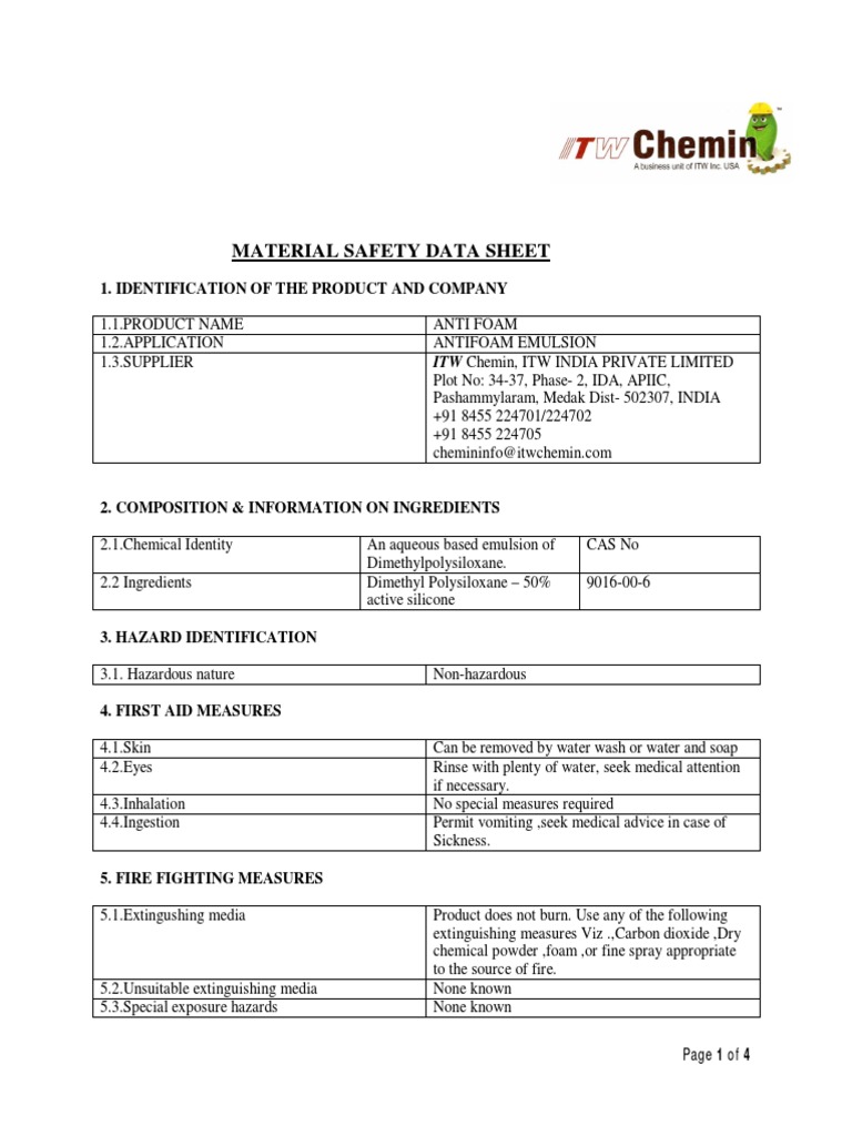 Antifoam SDS PDF | PDF | Hypothermia | Waste Management