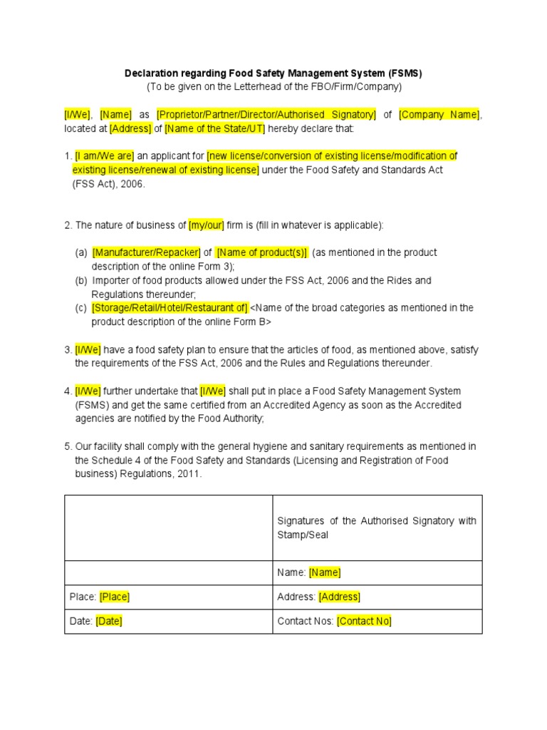 Fsms Declaration | PDF | Food Safety | Government Information