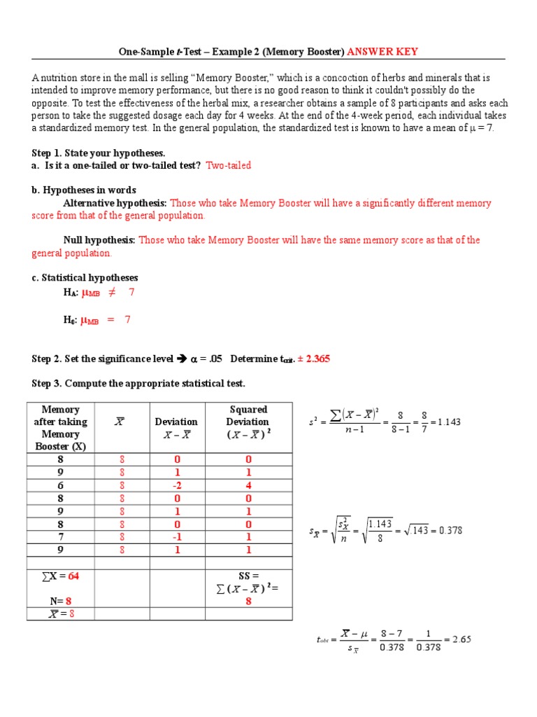 One-Sample T Test Worksheet 2 - ANSWER KEY | PDF | Statistical ...