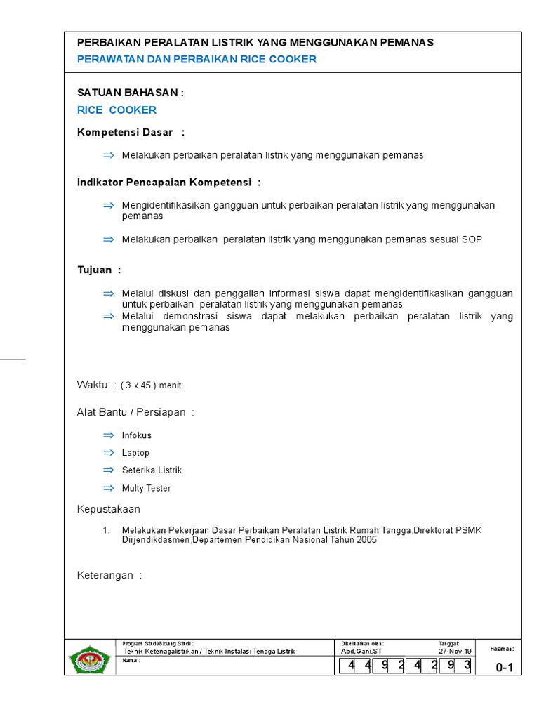 18.abd - Gani (Perawatan - Perbaikan Rice Cooker) Job Sheet 2 | PDF