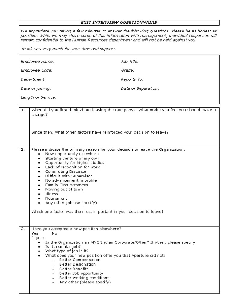 Exit Interview Form | PDF | Employment | Psychological Concepts