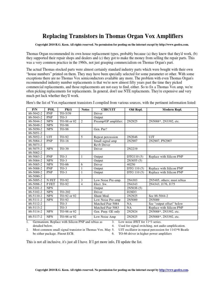 CHARLIE's Thomas Vox Replacements | PDF | Bipolar Junction Transistor ...