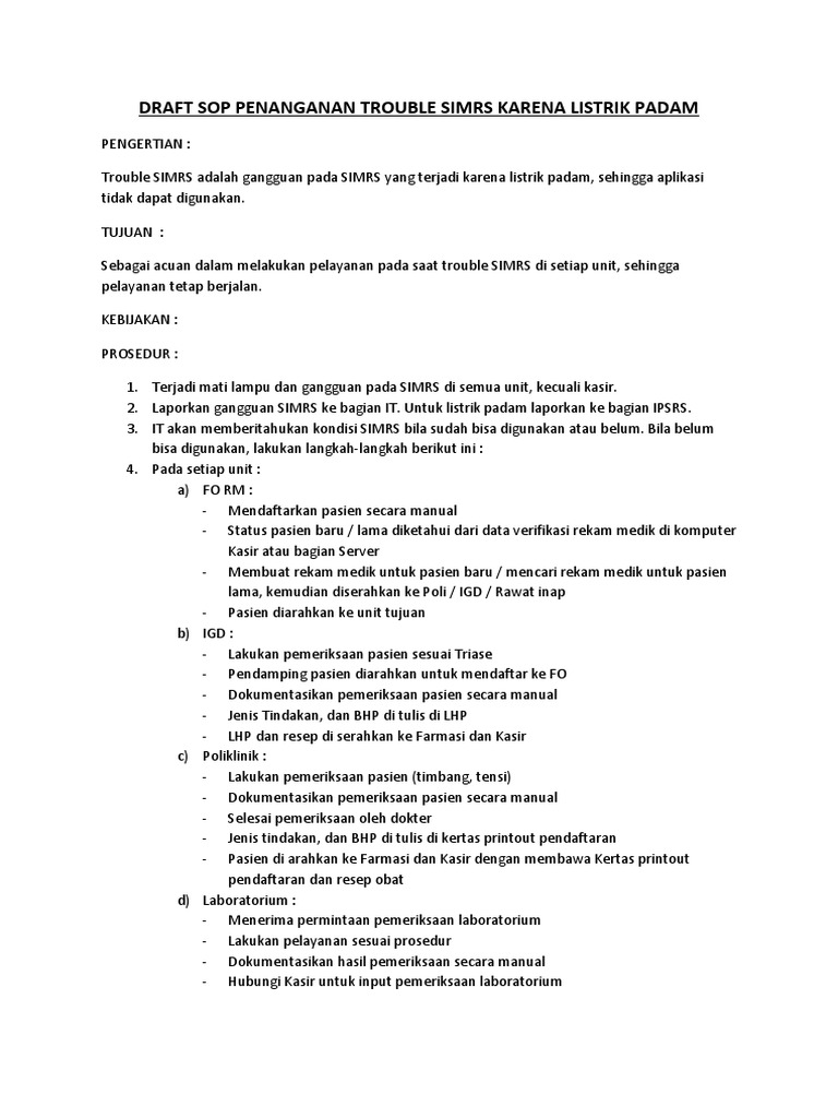 Draft Sop Trouble Simrs Pada Saat Pelayanan | PDF