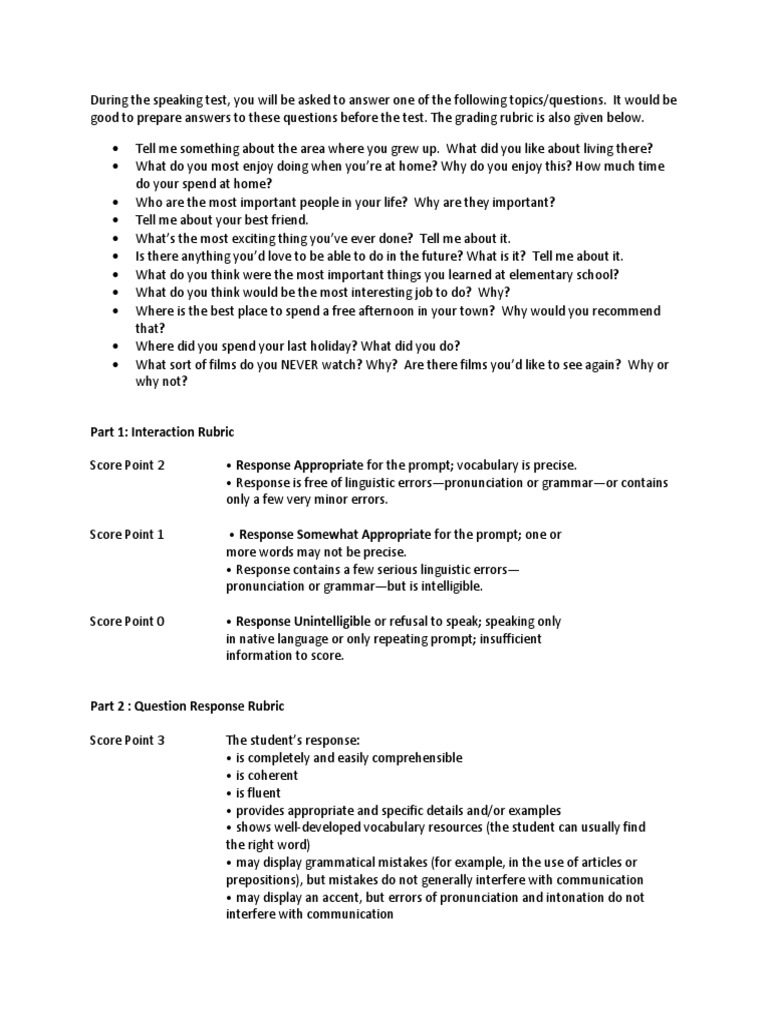 Speaking Test Rubric | PDF | Question | English Language