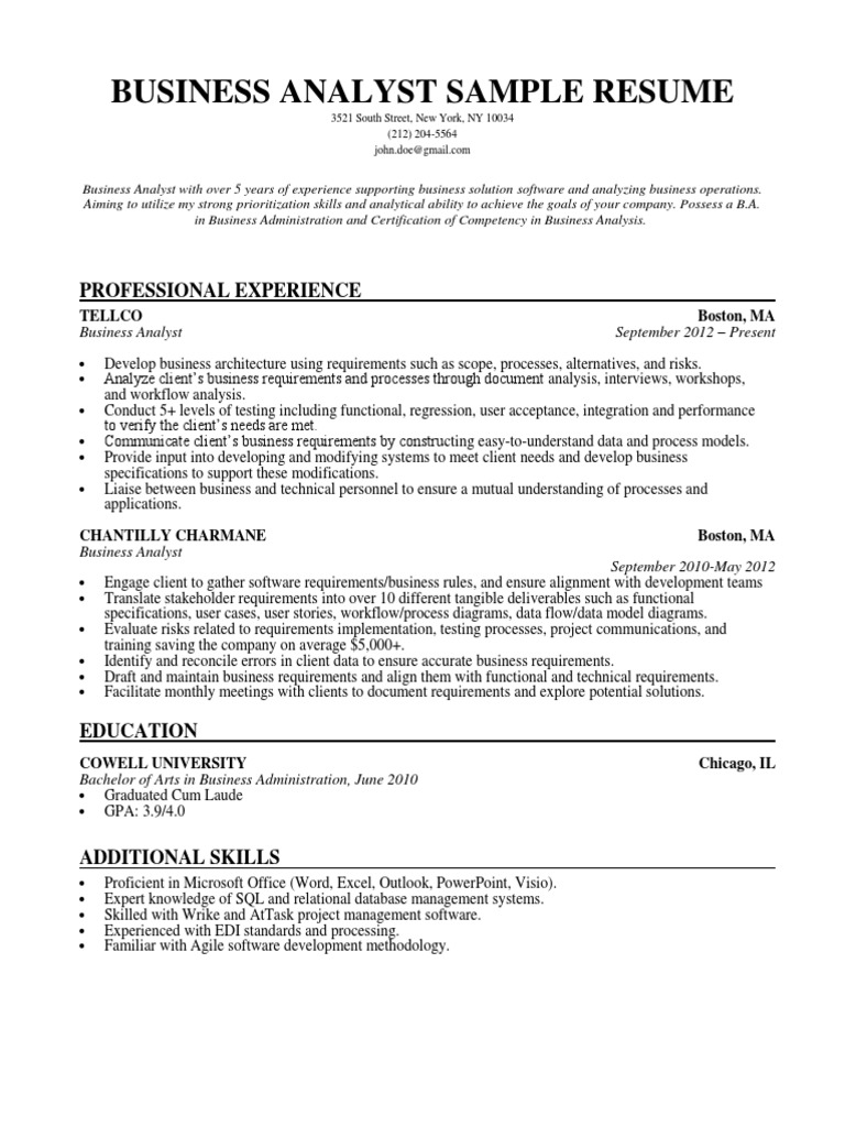 Business Analyst Resume Example | PDF | Business Analysis | Software ...