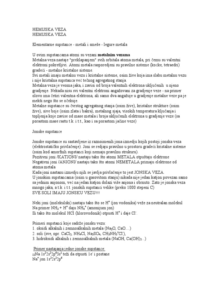 Hemijske Veze Kovalentna I Jonska | PDF