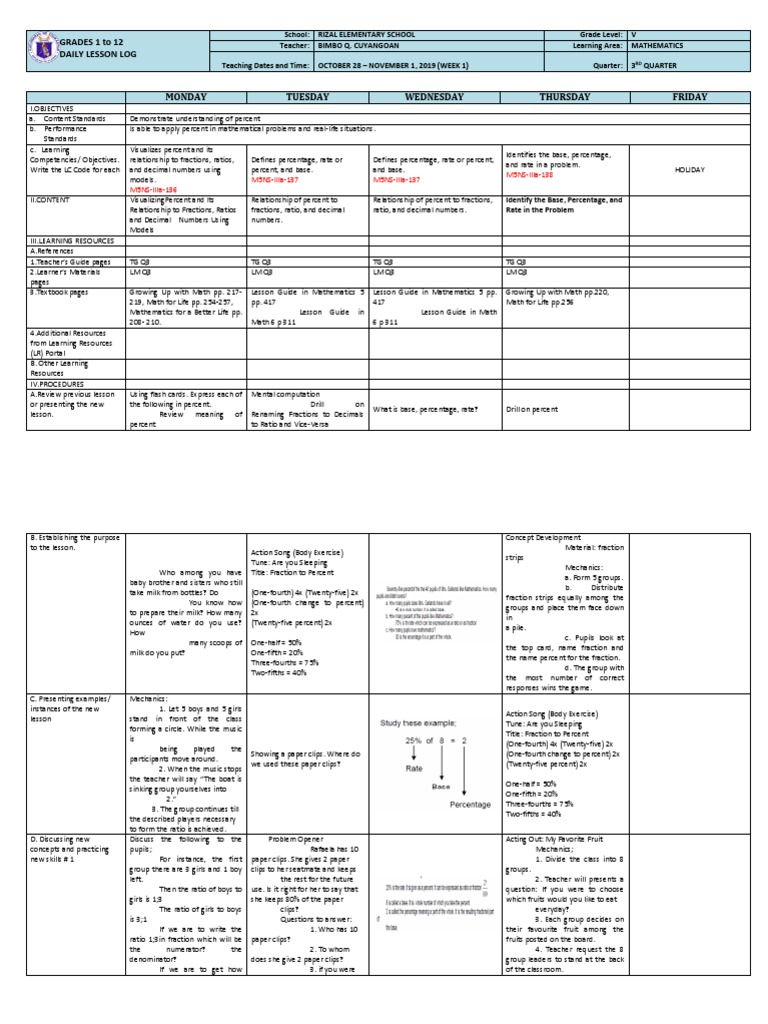 Mathematics 5 - Q3 - W1 - DLL | PDF | Percentage | Fraction (Mathematics)