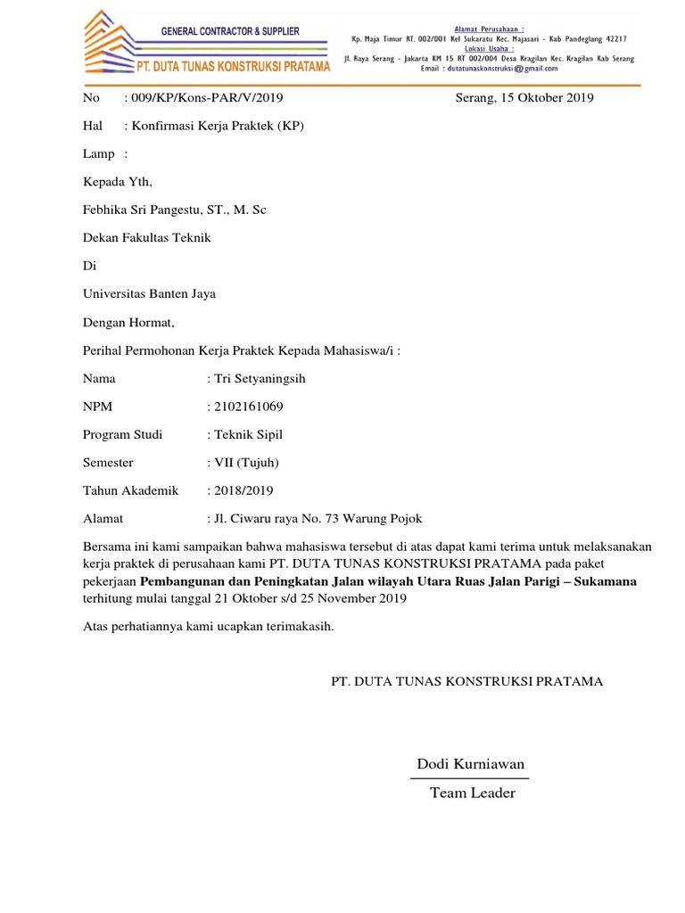 Contoh Surat Balasan KP | PDF