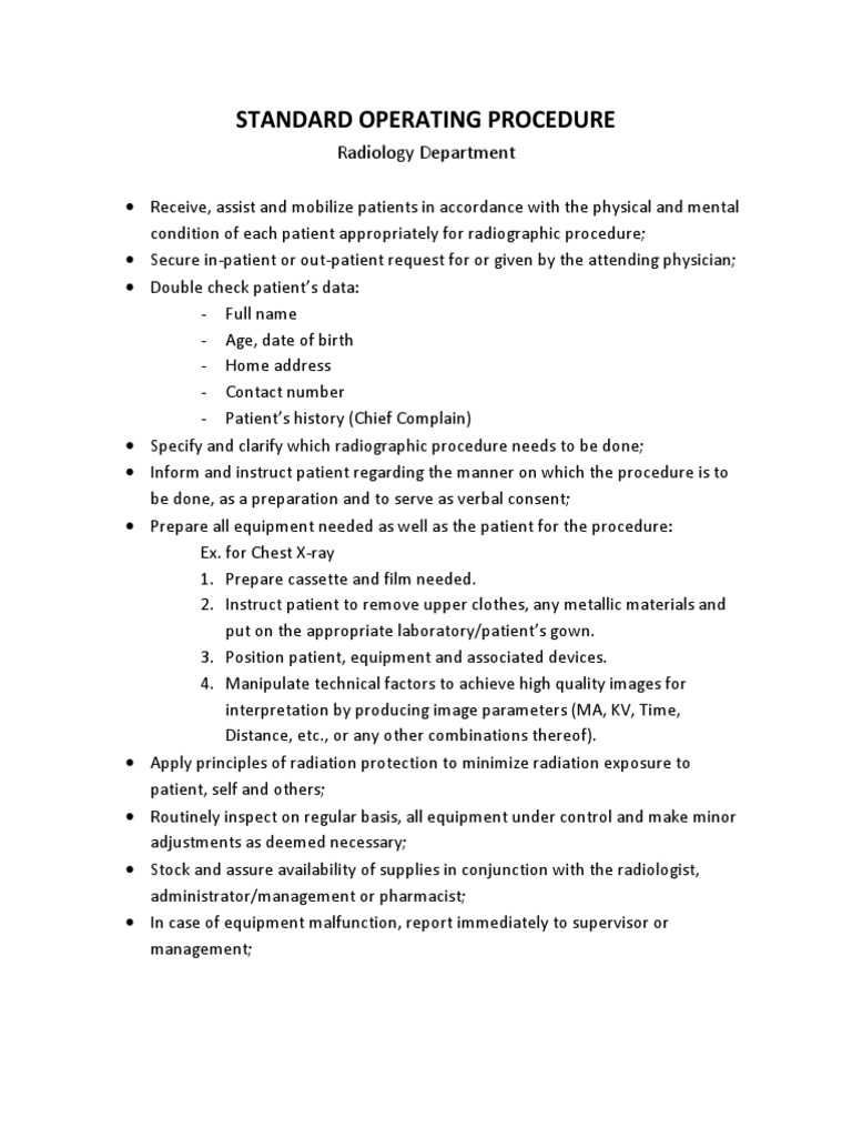 Radiology Department SOP Guide | PDF | Patient | Radiography