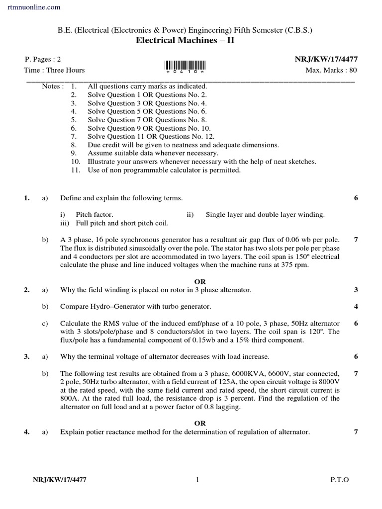 Electrical Machines II Exam Paper | PDF | Electric Motor | Electric ...