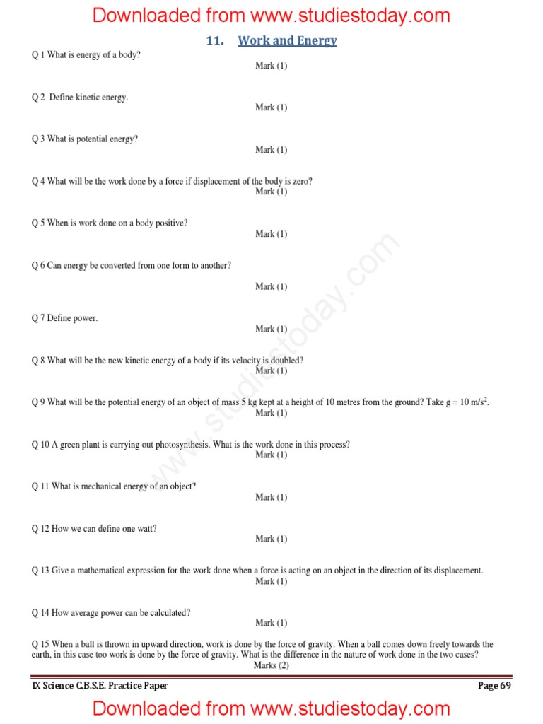 CBSE Class 9 Work and Energy | PDF | Potential Energy | Mass