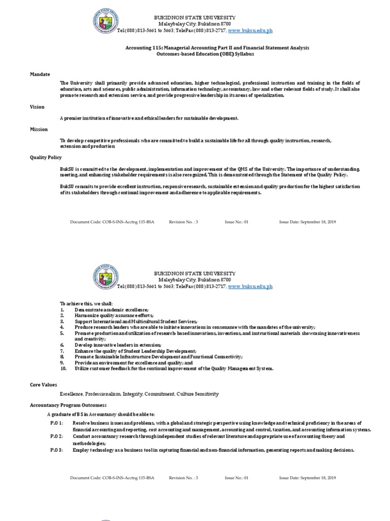 ACCTNG 115 Managerial Accounting Part II OBE Syllabus Version 2 | PDF ...