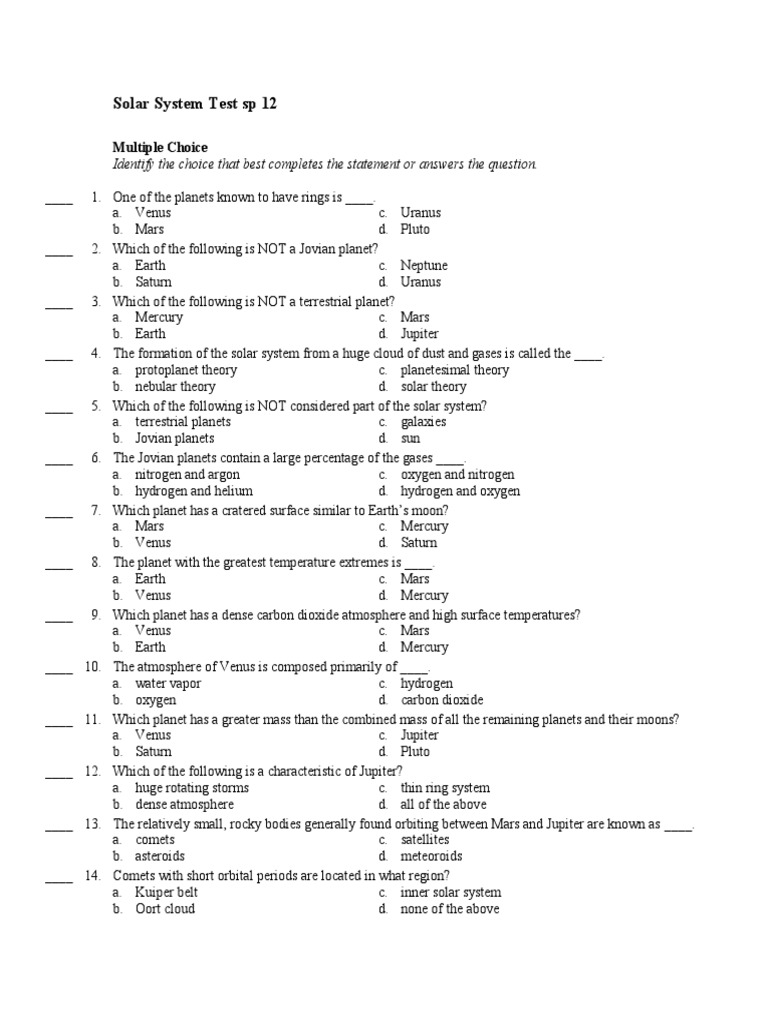 Solar System Test SP 12 | PDF | Planets | Formation And Evolution Of ...