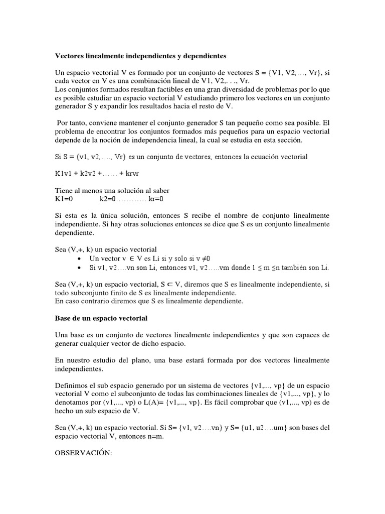 Vectores Linealmente Independientes y Dependientes | PDF | Espacio ...