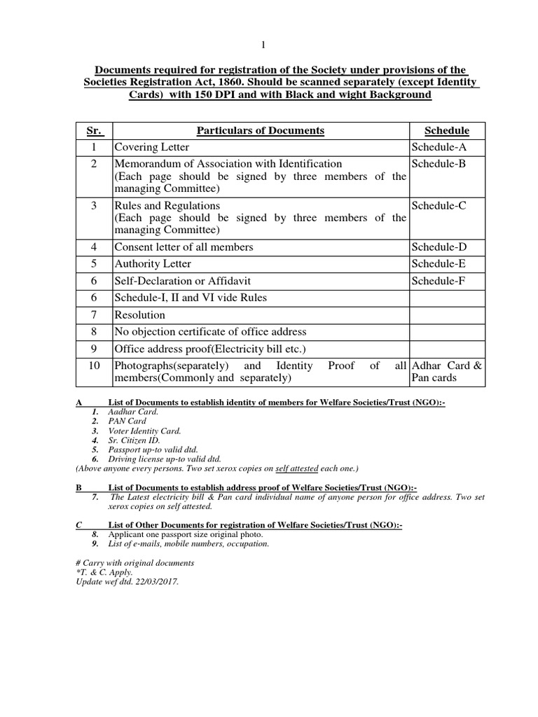 Society Registration Document Checklist | PDF | Identity Document ...