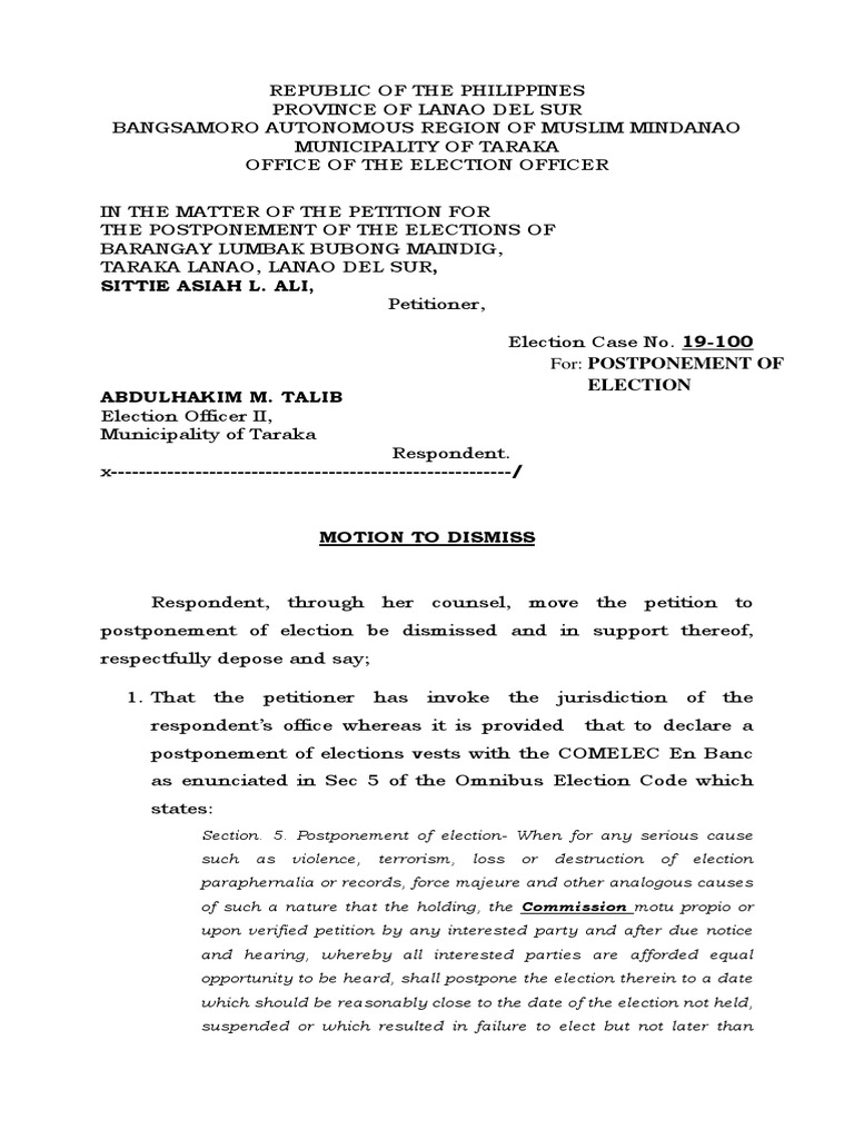 Sample Format of Motion For Postponement For Election Cases | PDF ...