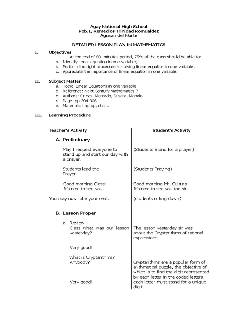 Detailed Lesson Plan In Mathematics Linear Equations In One Variable