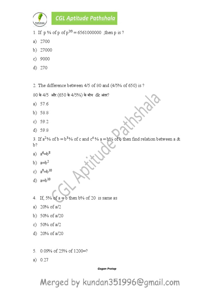 Arithmetic Worksheet For CGL | PDF | Fraction (Mathematics) | Area