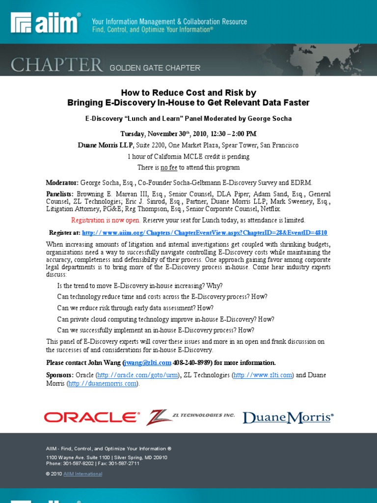 In-House E-Discovery Panel Discussion: How To Reduce Cost and Risk by ...