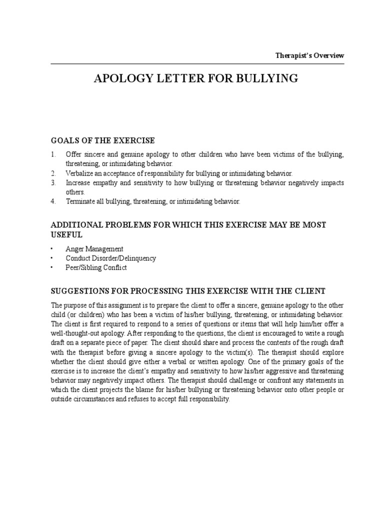 Apology Letter Guide for Bullying | PDF | Bullying | Psychotherapy