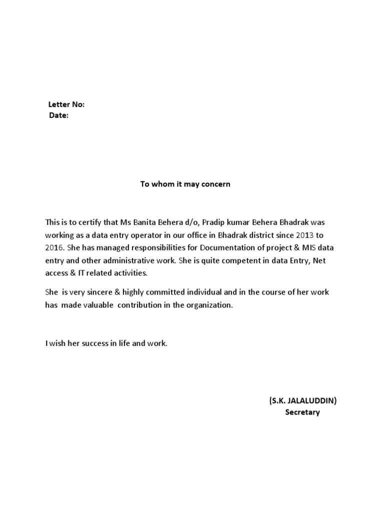Experience Certificate for Banita Behera | PDF
