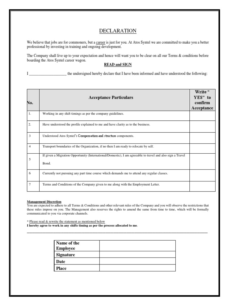Atos Syntel Declaration Form | PDF