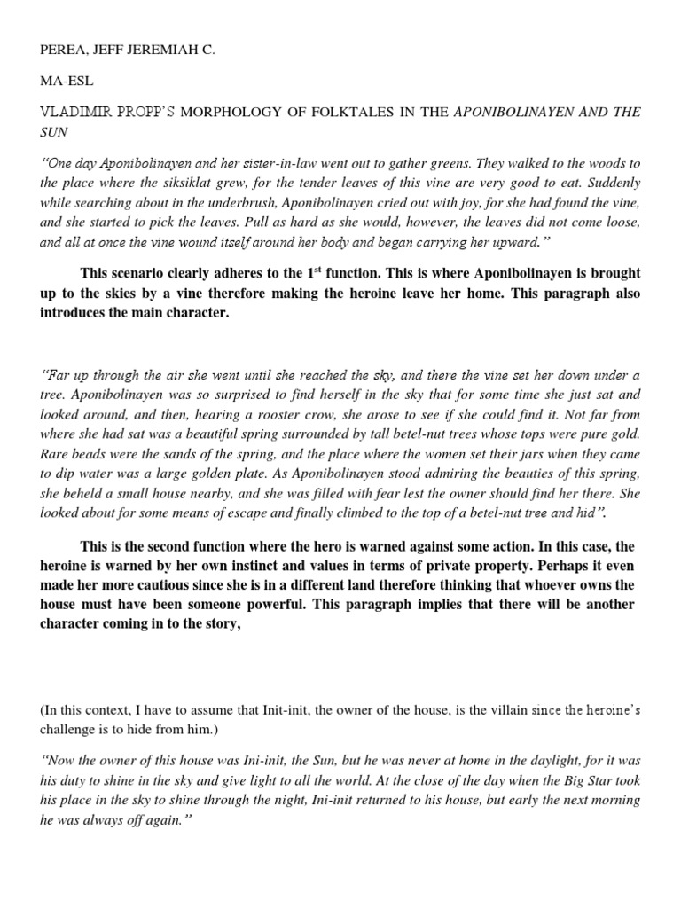 Vladimir Propp's Analysis of the Morphology of Functions in the ...