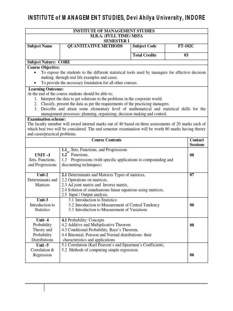 Mba Syllabus | PDF | Matrix (Mathematics) | Determinant