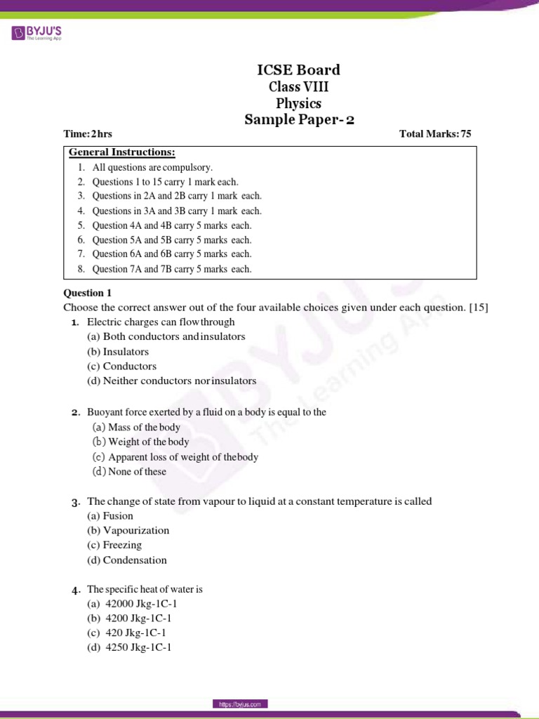 ICSE Class 8 Physics Sample Paper 2 | PDF | Heat | Surface Tension