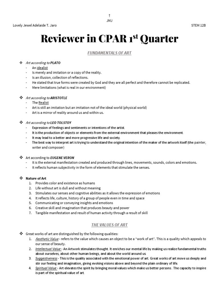 Grade 12 CPAR 1st Quarter Art Reviewer | PDF | Paintings