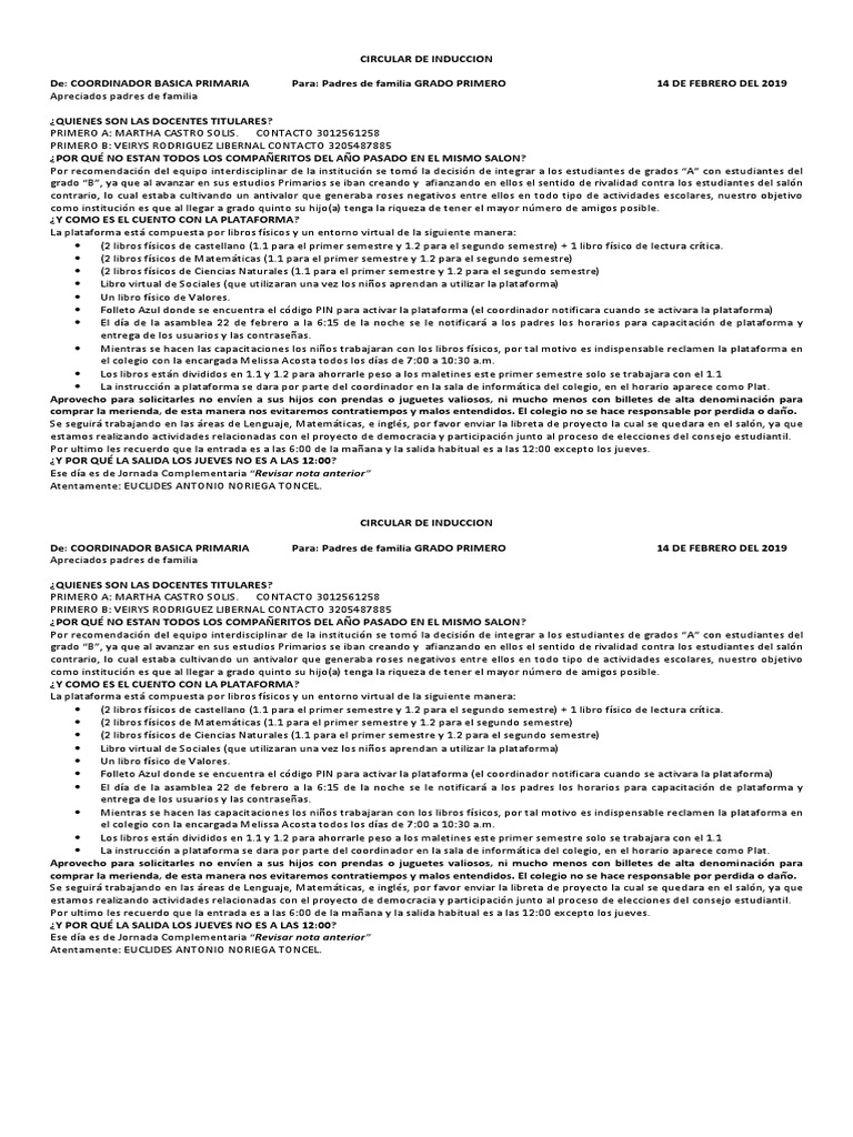 Circular de Inducción Grado Primero 2019 | PDF | Educación primaria ...
