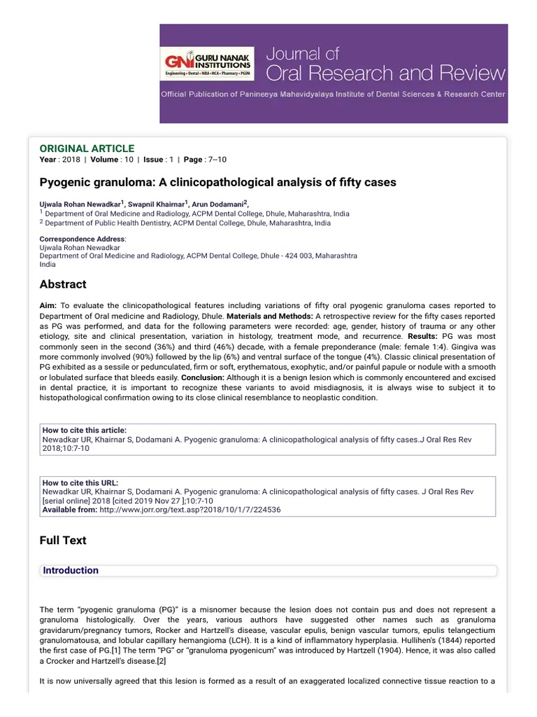Pyogenic Granuloma - A Clinicopathological Analysis of Fifty Cases ...