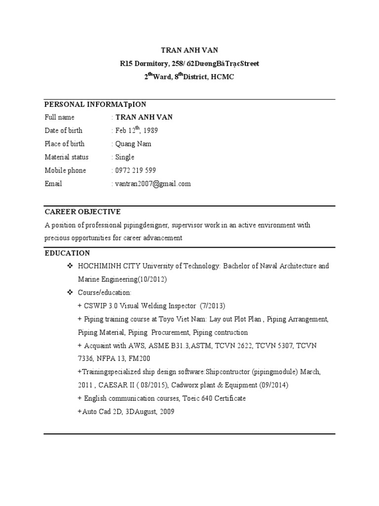 CV Tran Anh Van 12-2016 | PDF | Engineering