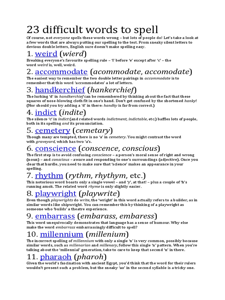 23 Difficult Words To Spell | PDF | English Language | Grammatical Tense