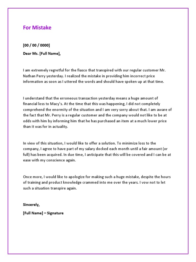 Apology Letter For Mistake | PDF | Finance & Money Management