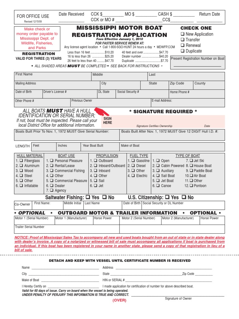 Mississippi Motor Boat Registration Application: Check One | PDF ...