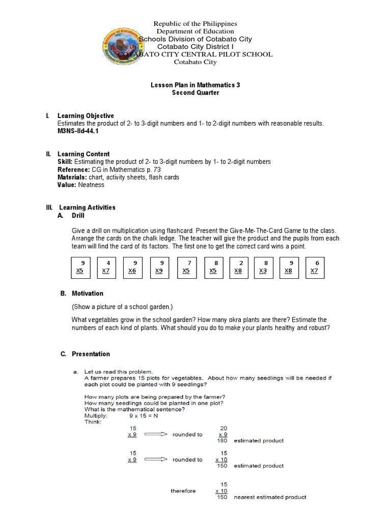 Estimating Products Lesson Plan Grade 4 | PDF | Multiplication | Cognition