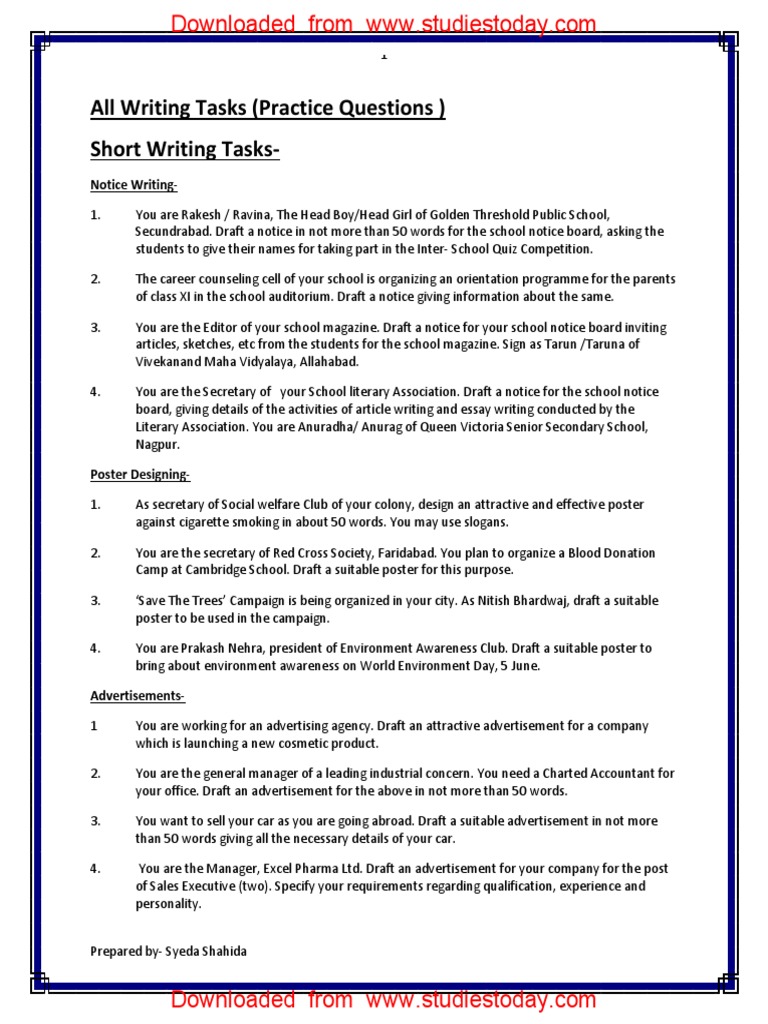 CBSE Class 12 English Worksheet - All Writing Tasks PDF | PDF