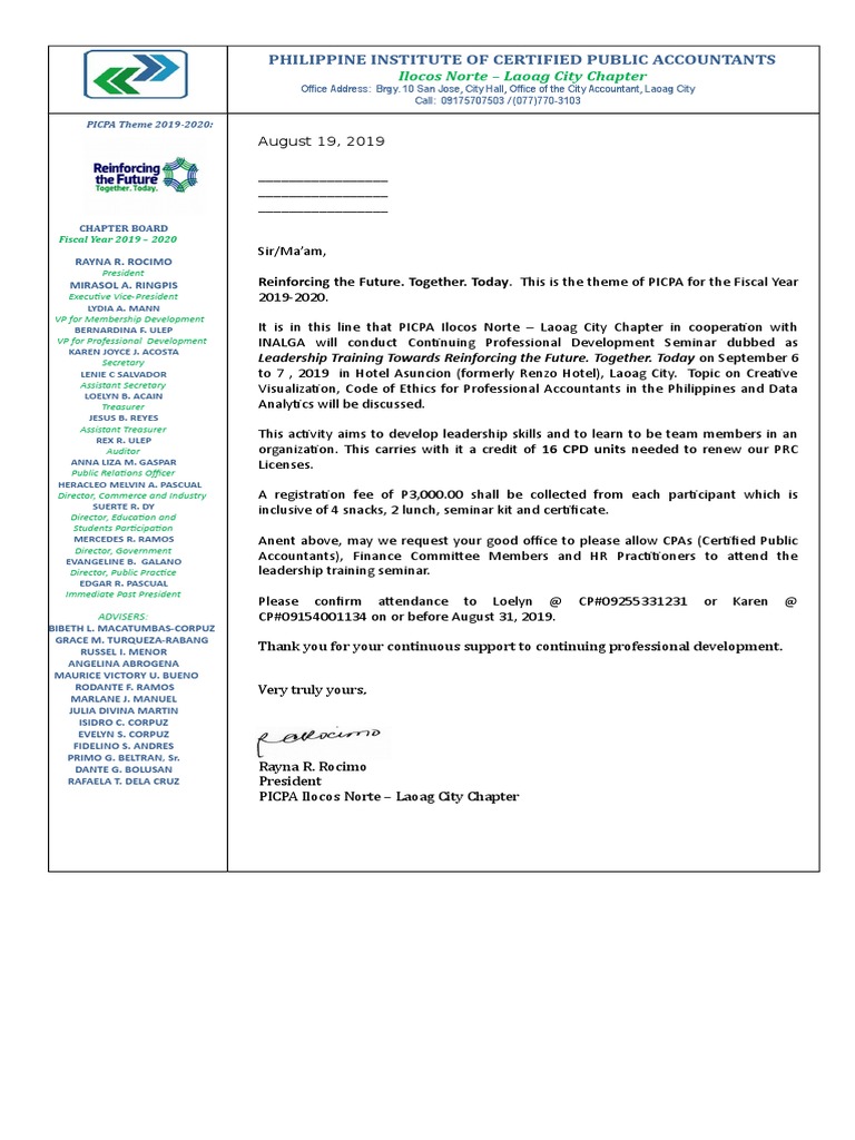 Picpa 2019 September 6 7 Seminar Invitation Letter | PDF | Vocational ...