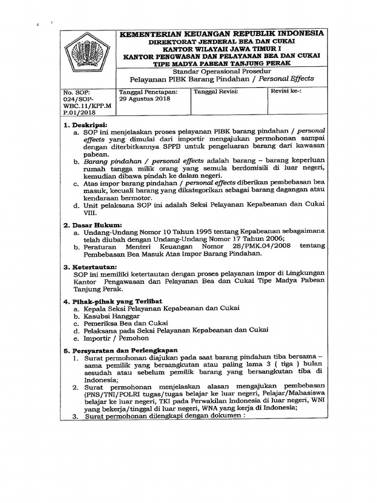 024 Sop WBC 1 L KPP MP 01 2018 Pelayanan Pibk Barang Pindahan Personal ...