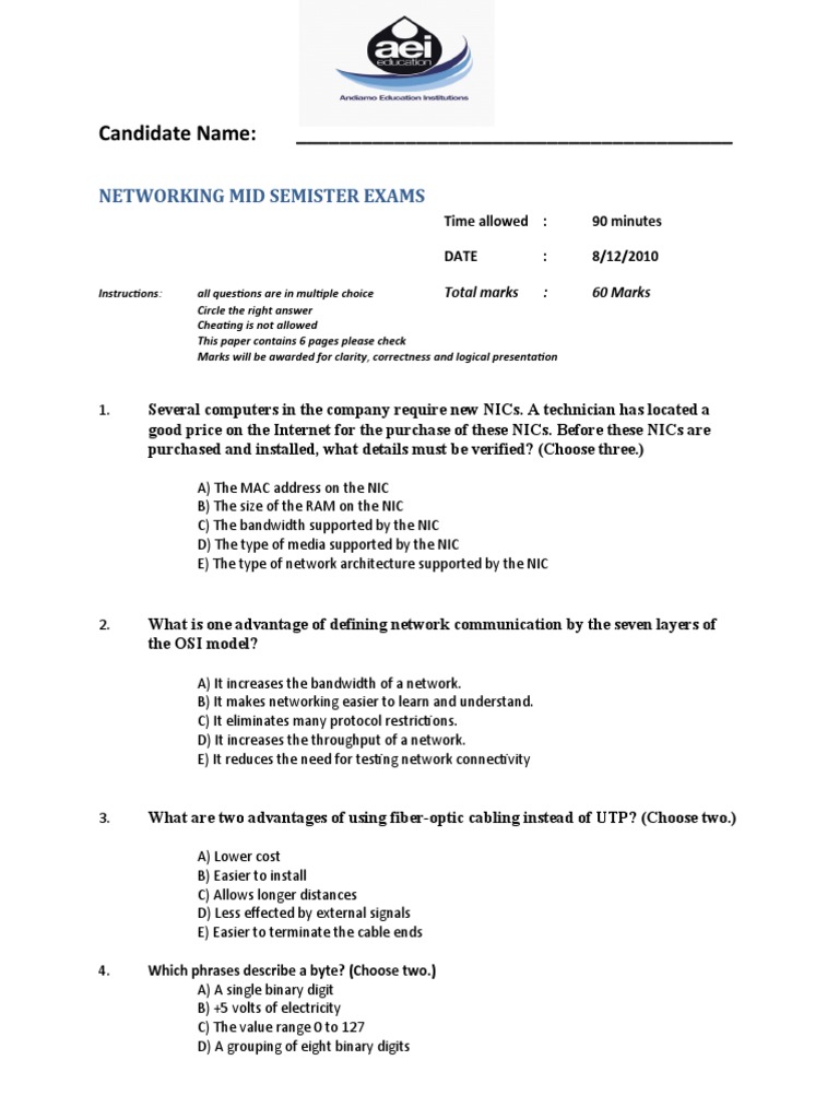 Networking Midterm Exam Questions | PDF | Computer Network | Network ...