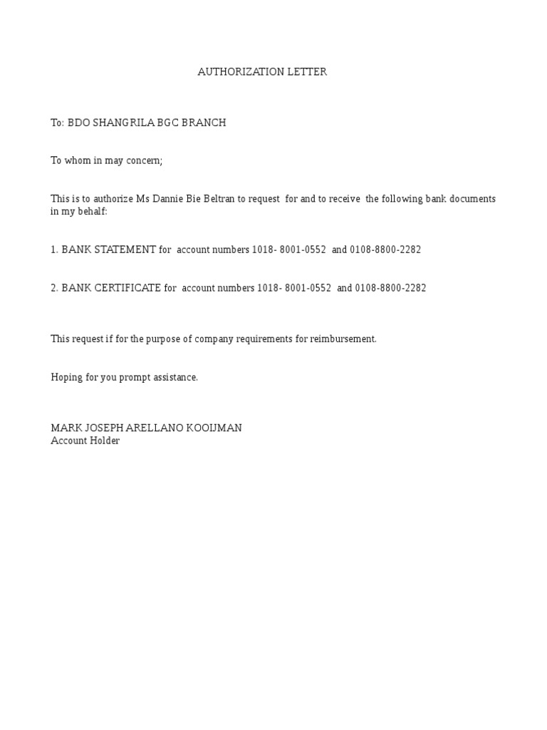 Authorization Letter Bdo | PDF