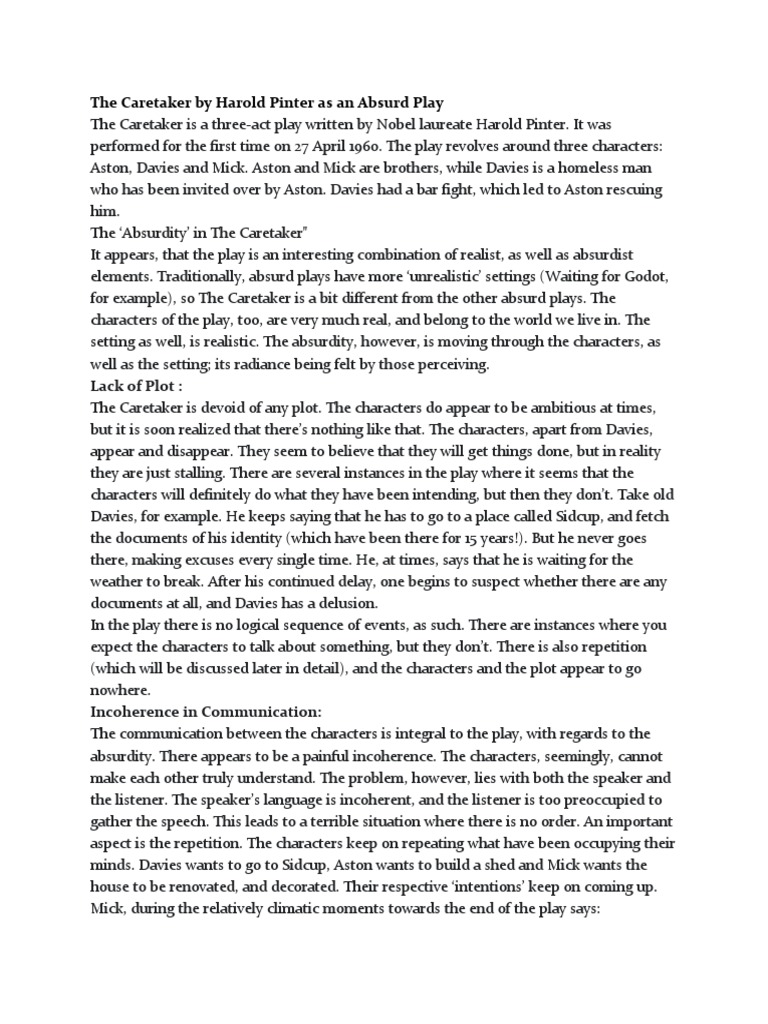 The Caretaker by Harold Pinter As An Absurd Play | PDF