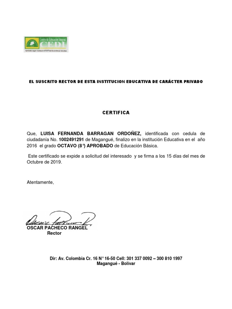 Certificado Estudiantil Luisa | PDF