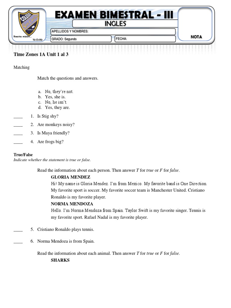 Exam Time Zones 1A Unit 1-3 Primero | PDF | Sea Turtle | Turtle